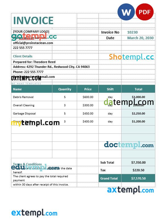 Construction Cleaning Invoice template in word and pdf format