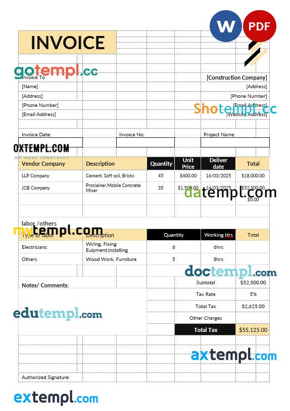 Construction Estimate Invoice template in word and pdf format