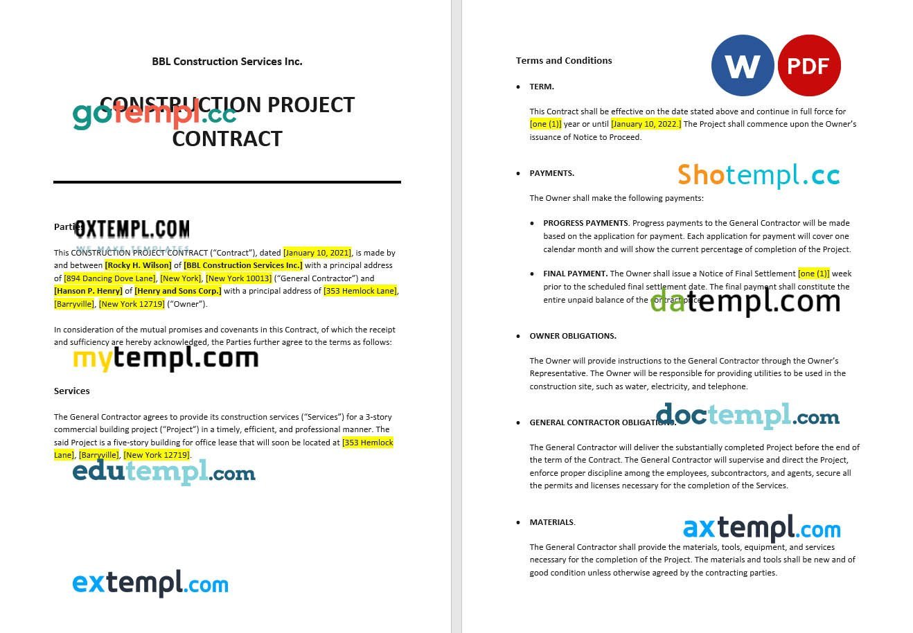 free construction project contract template, Word and PDF format