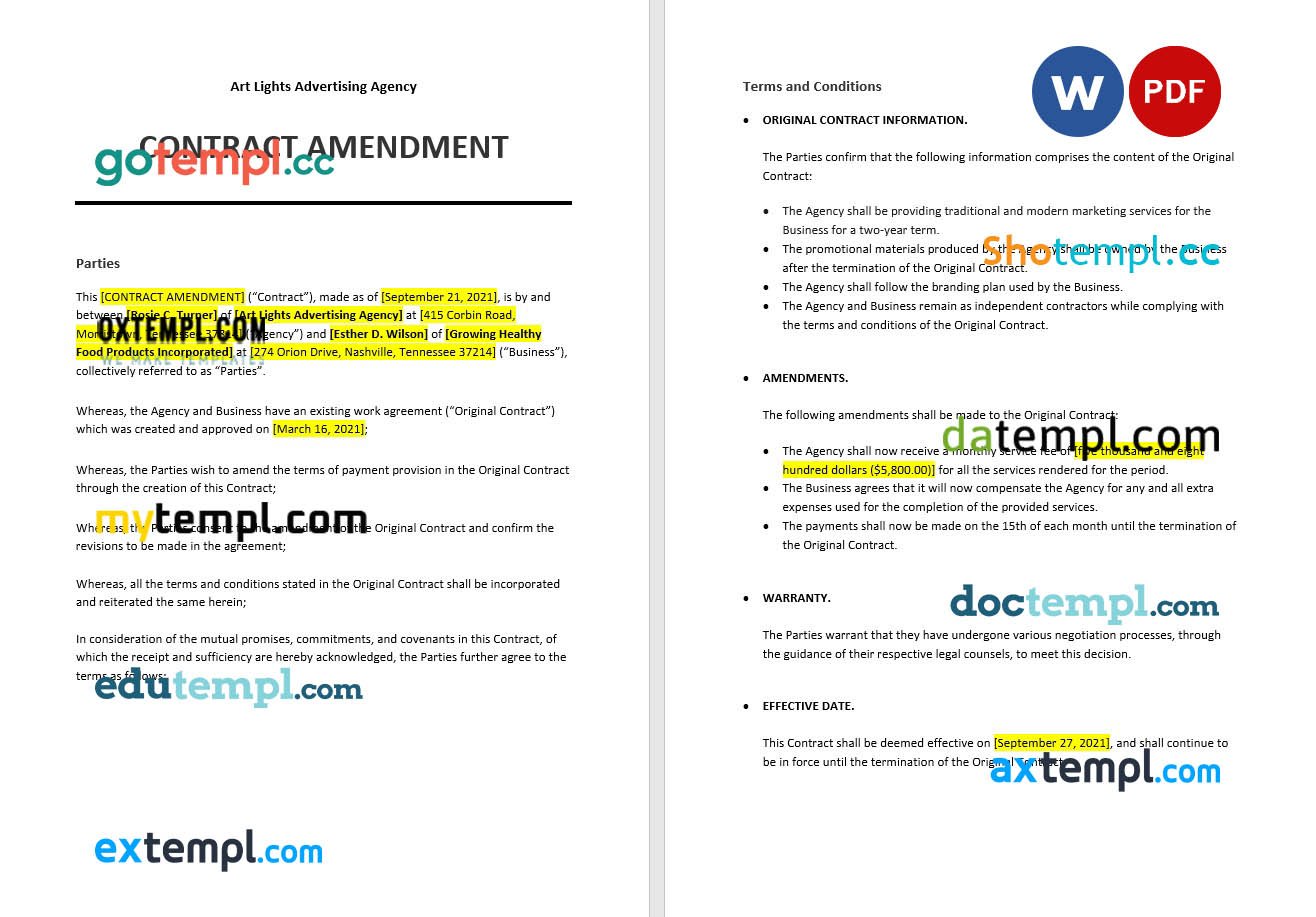 free contract amendment template in Word and PDF format