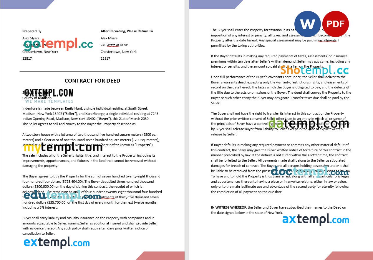 free contract for deed template, Word and PDF format
