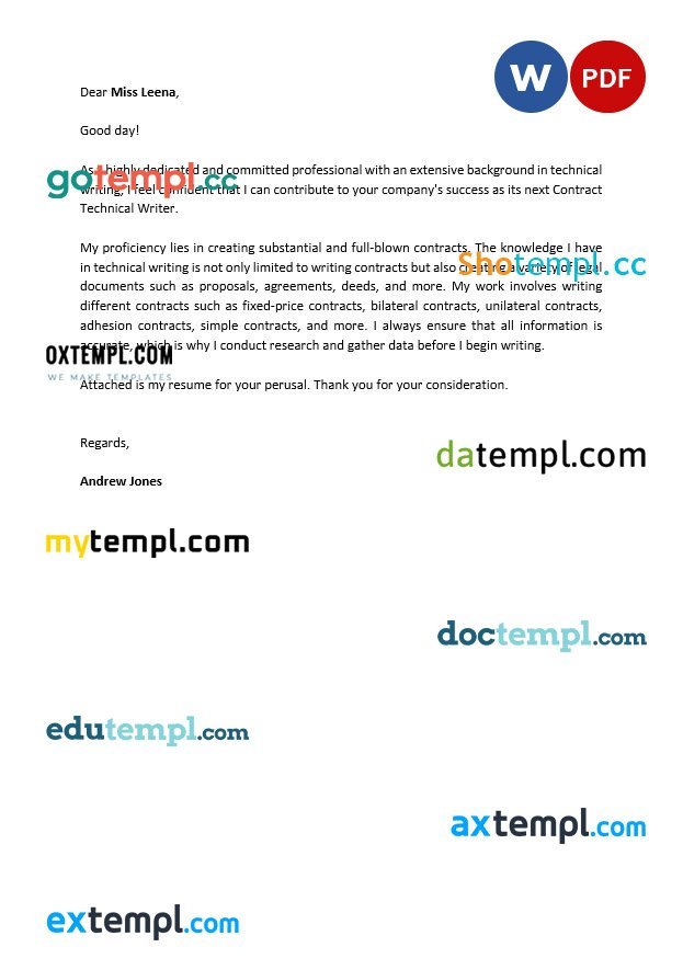 free contract technical writer cover letter template, Word and PDF format