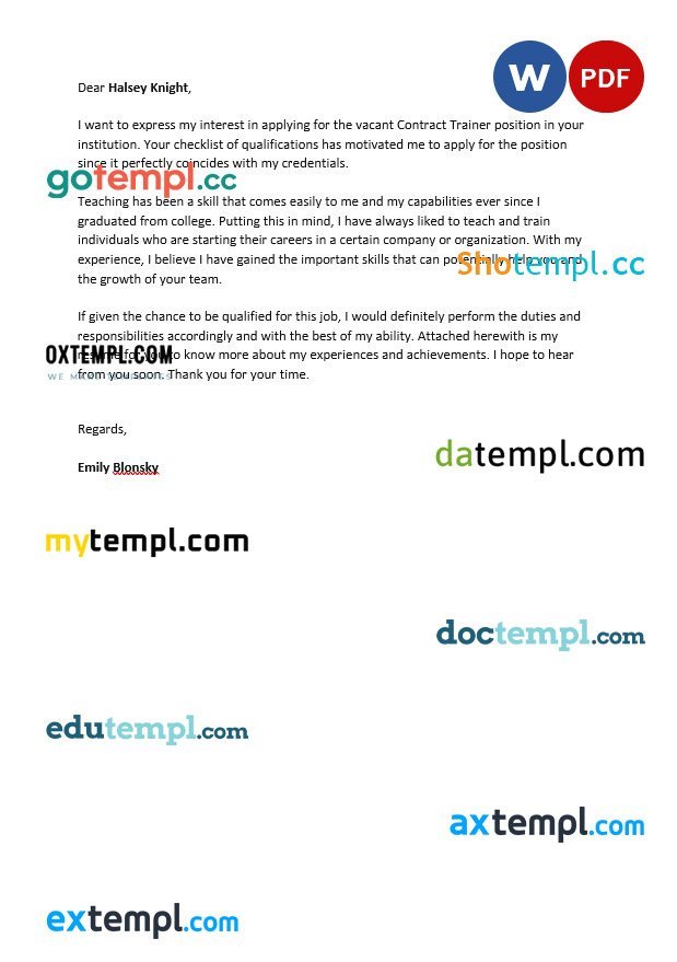 free contract trainer cover letter template, Word and PDF format ...