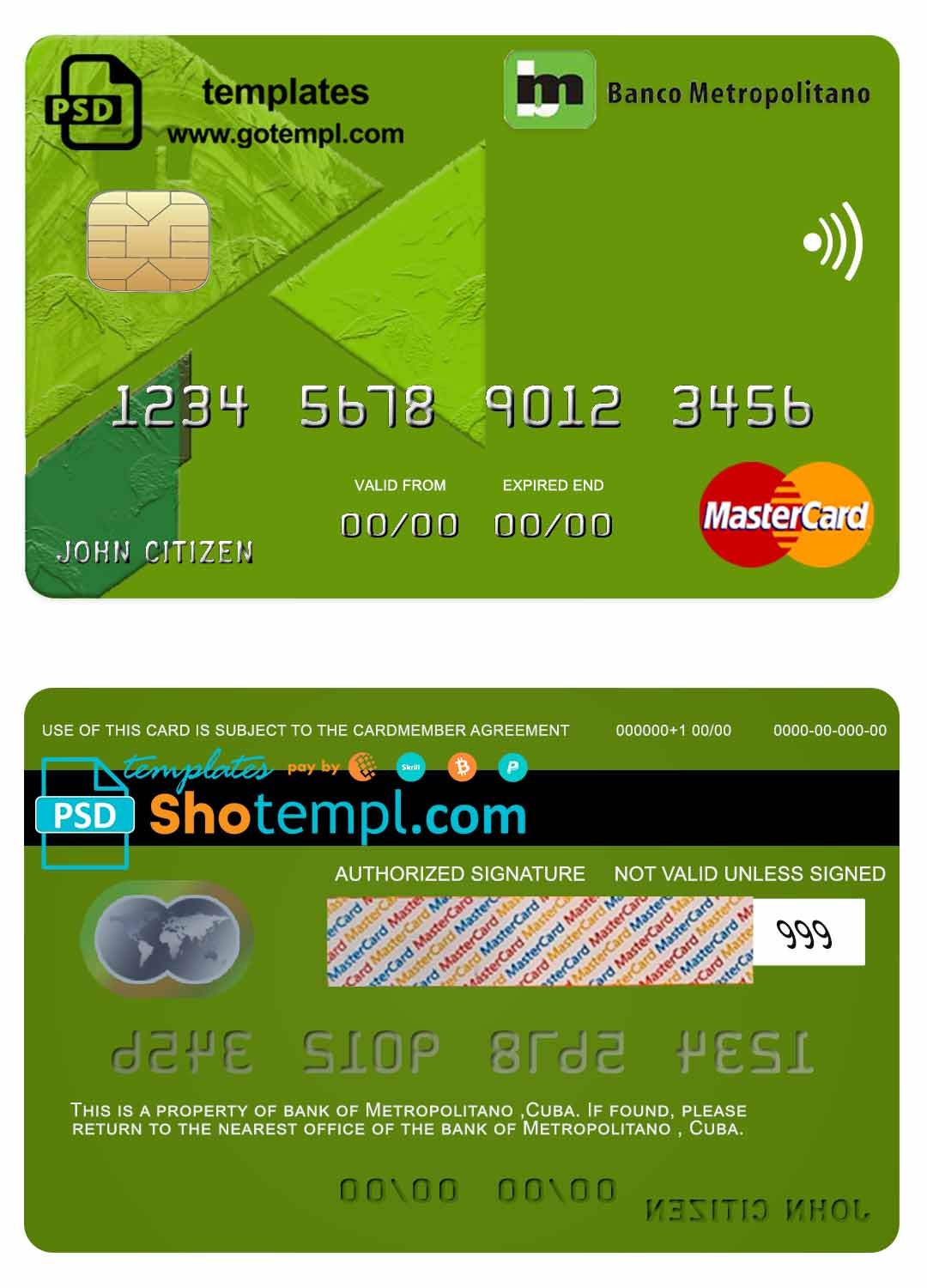 Cuba Metropolitan bank mastercard credit card template in PSD format ...