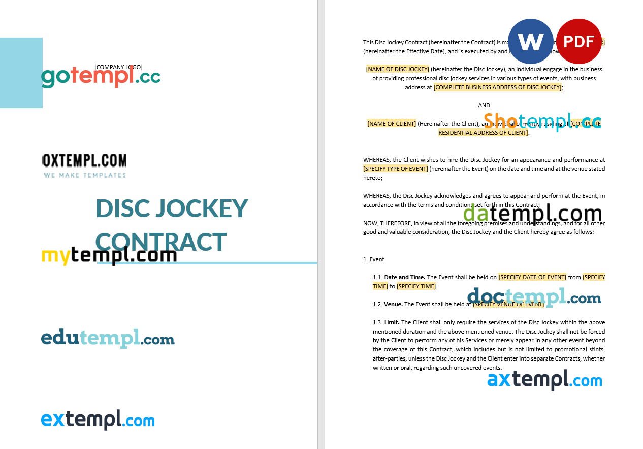 free DJ contract template, Word and PDF format
