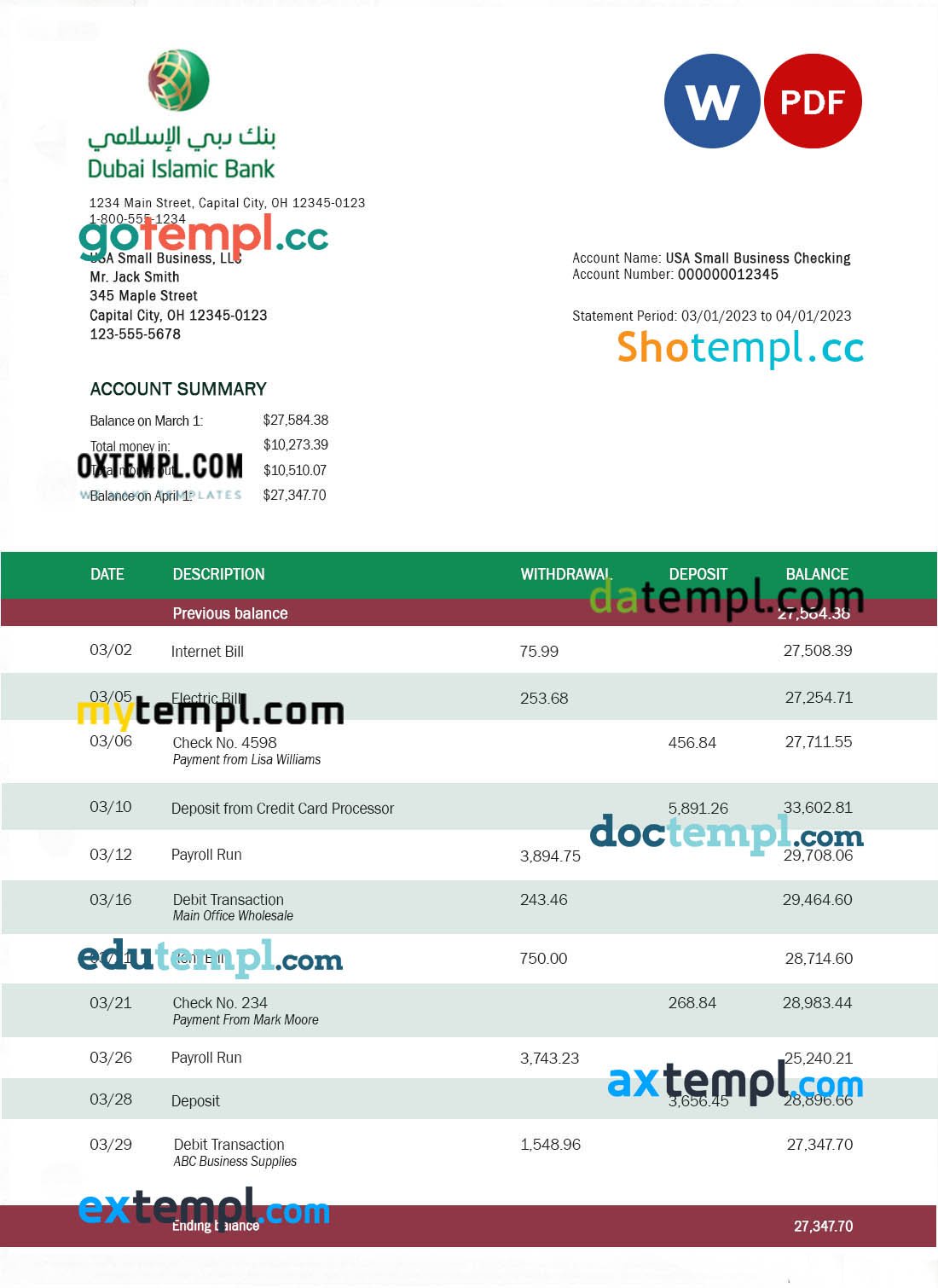 Dubai Islamic Bank enterprise statement Word and PDF template