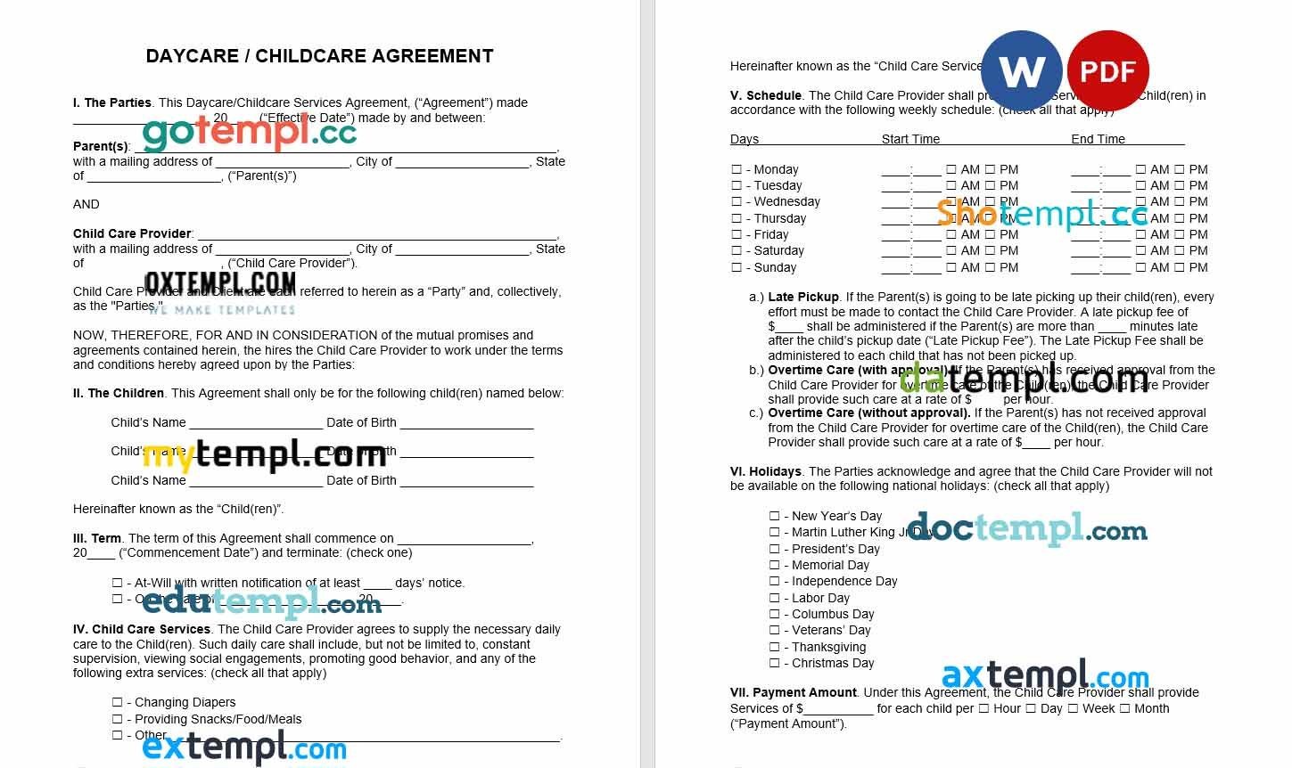 free daycare childcare agreement template, Word and PDF format