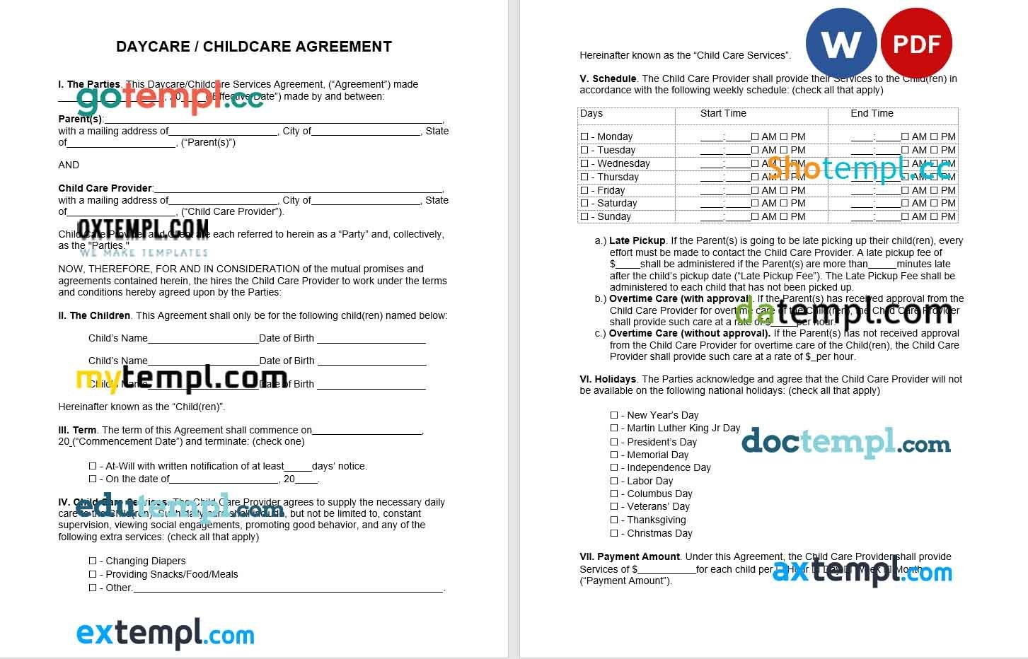 free daycare childcare contract template, Word and PDF format