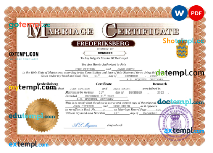 Denmark marriage certificate Word and PDF template, completely editable
