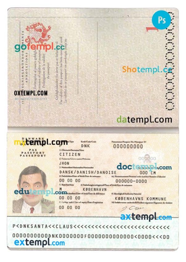 Denmark passport editable PSD files, scan and photo look templates, 2 in 1