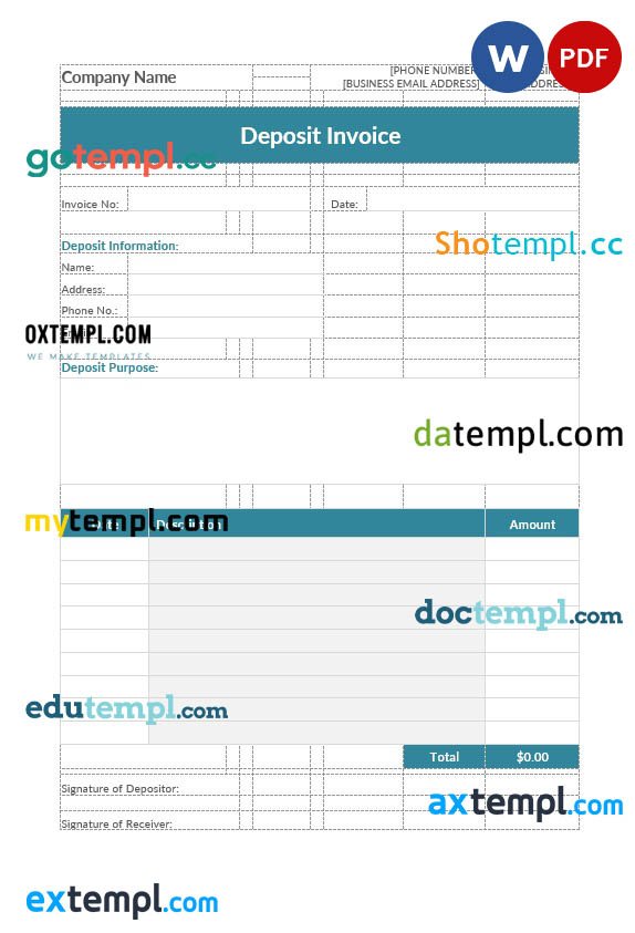 Deposit invoice template in word and pdf format