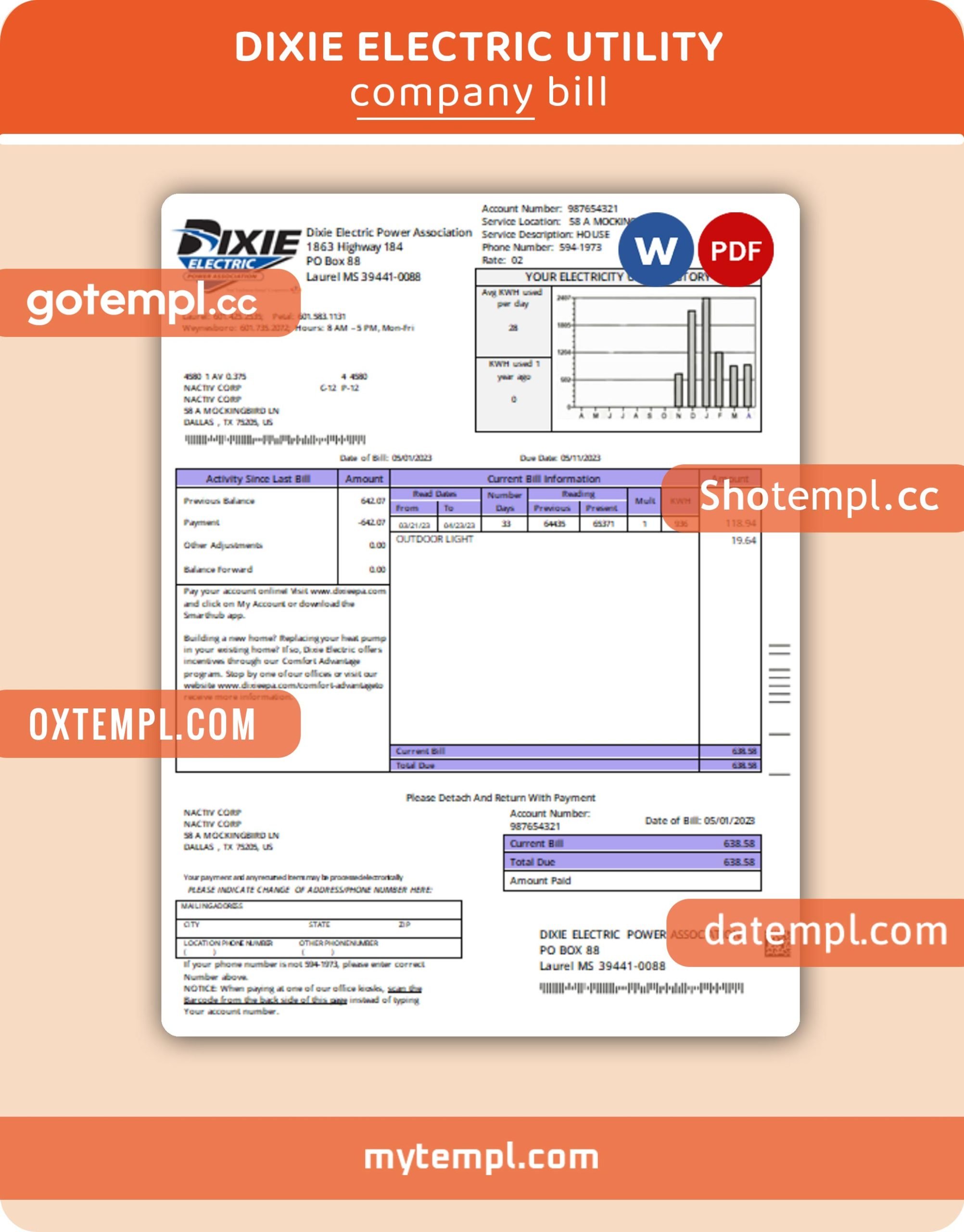 Dixie Electric business utility bill, PDF and WORD template
