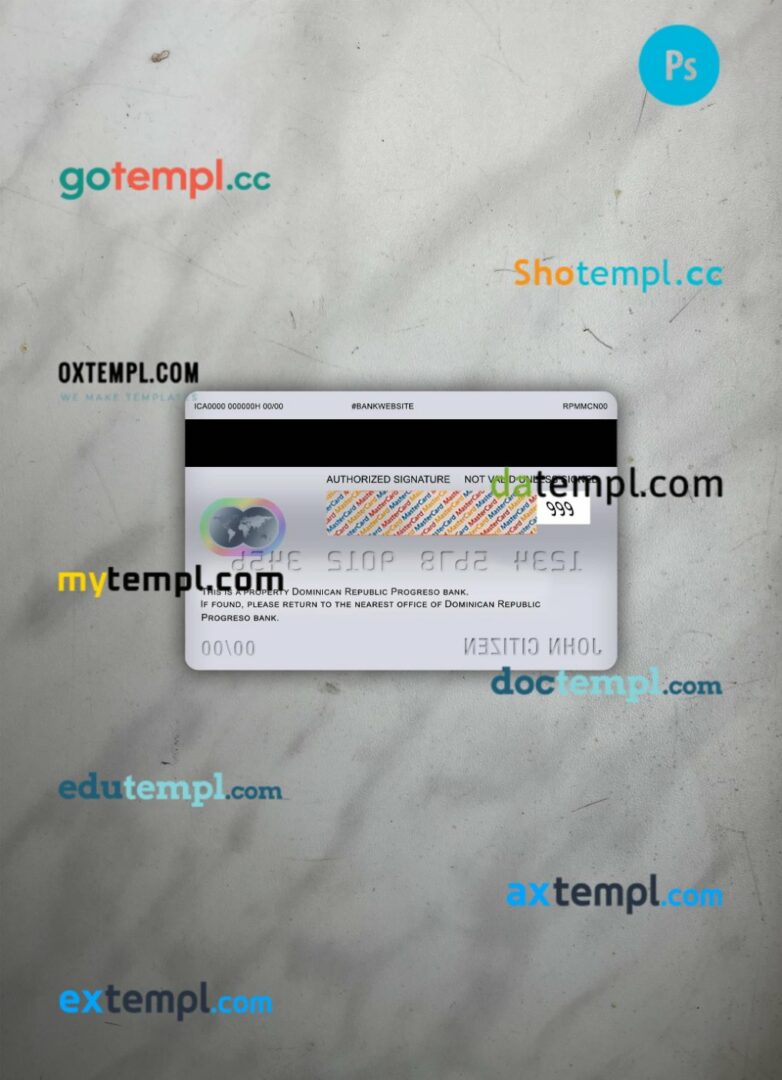 Dominican Republic Progreso bank master debit card PSD scan and photo ...
