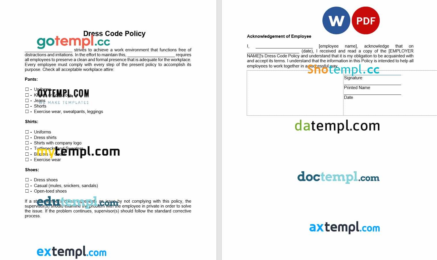 free dress code policy template, Word and PDF format