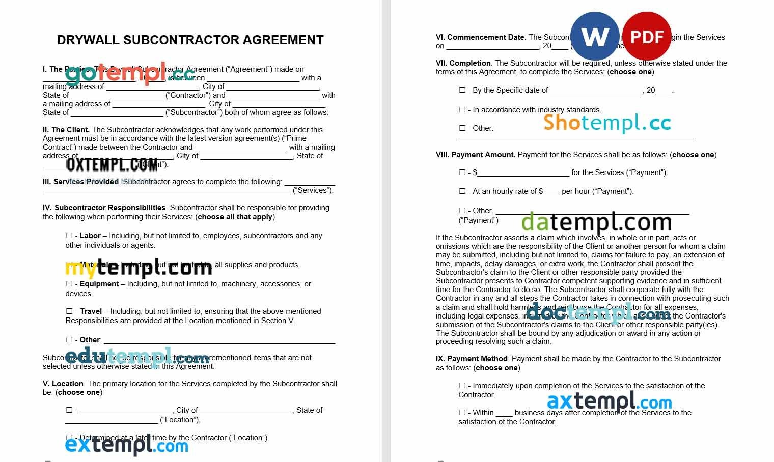 free drywall subcontractor agreement template, Word and PDF format