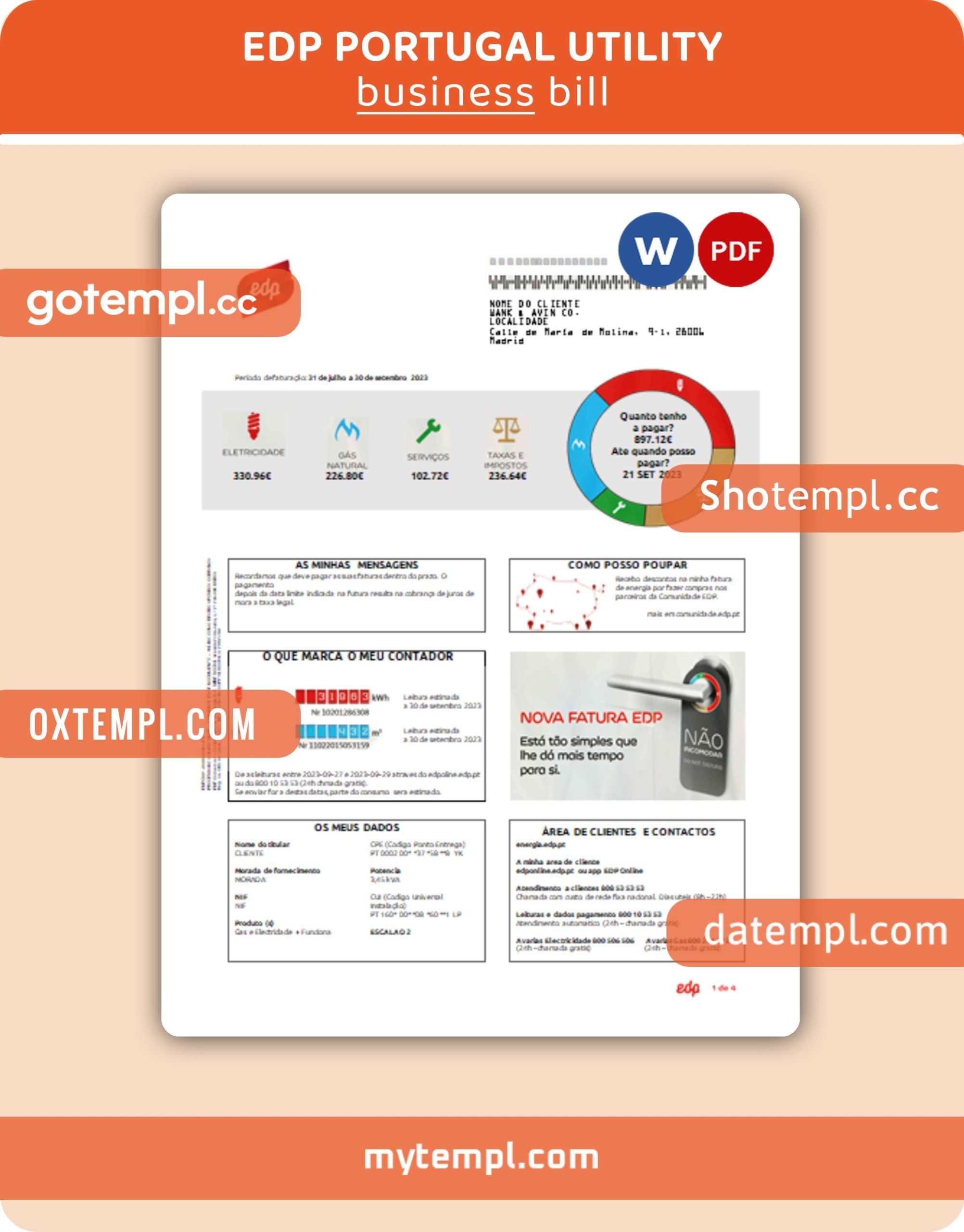 EDP Portugal business utility bill, Word and PDF template