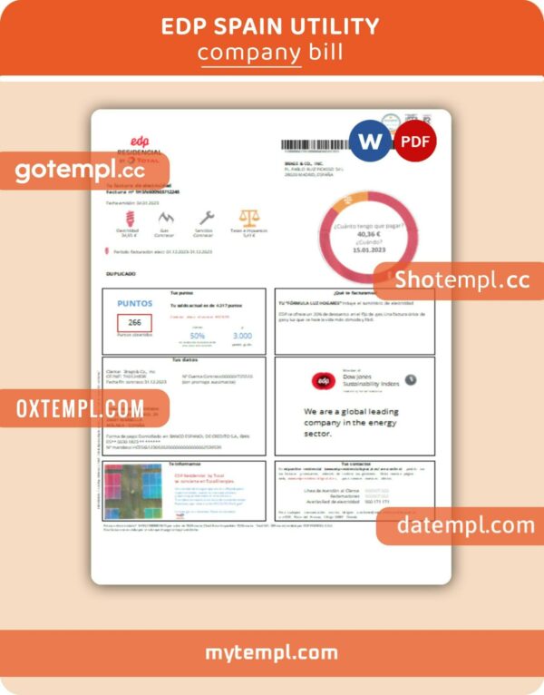EDP Spain business utility bill, Word and PDF template