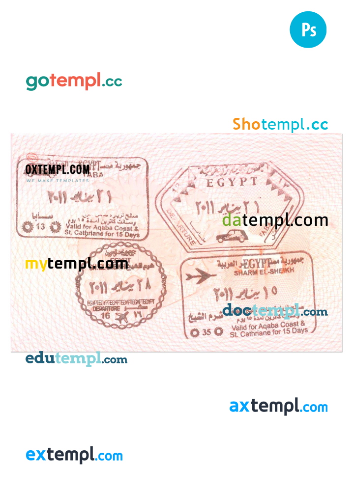 Egypt visa stamp PSD template, with fonts