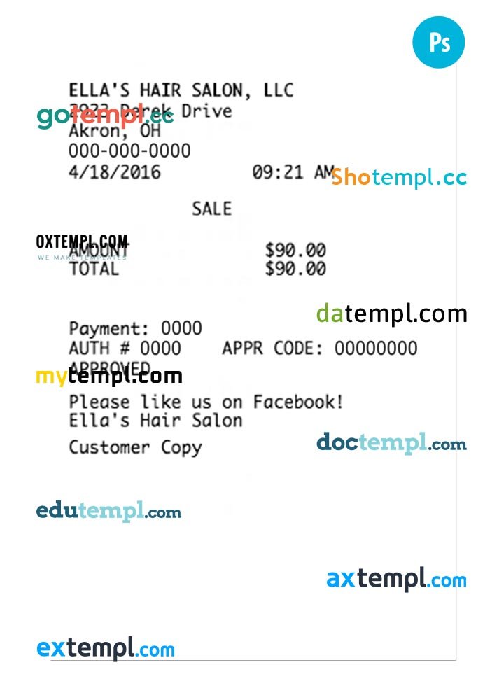 ELLA’S HAIR SALON LLC payment receipt PSD template
