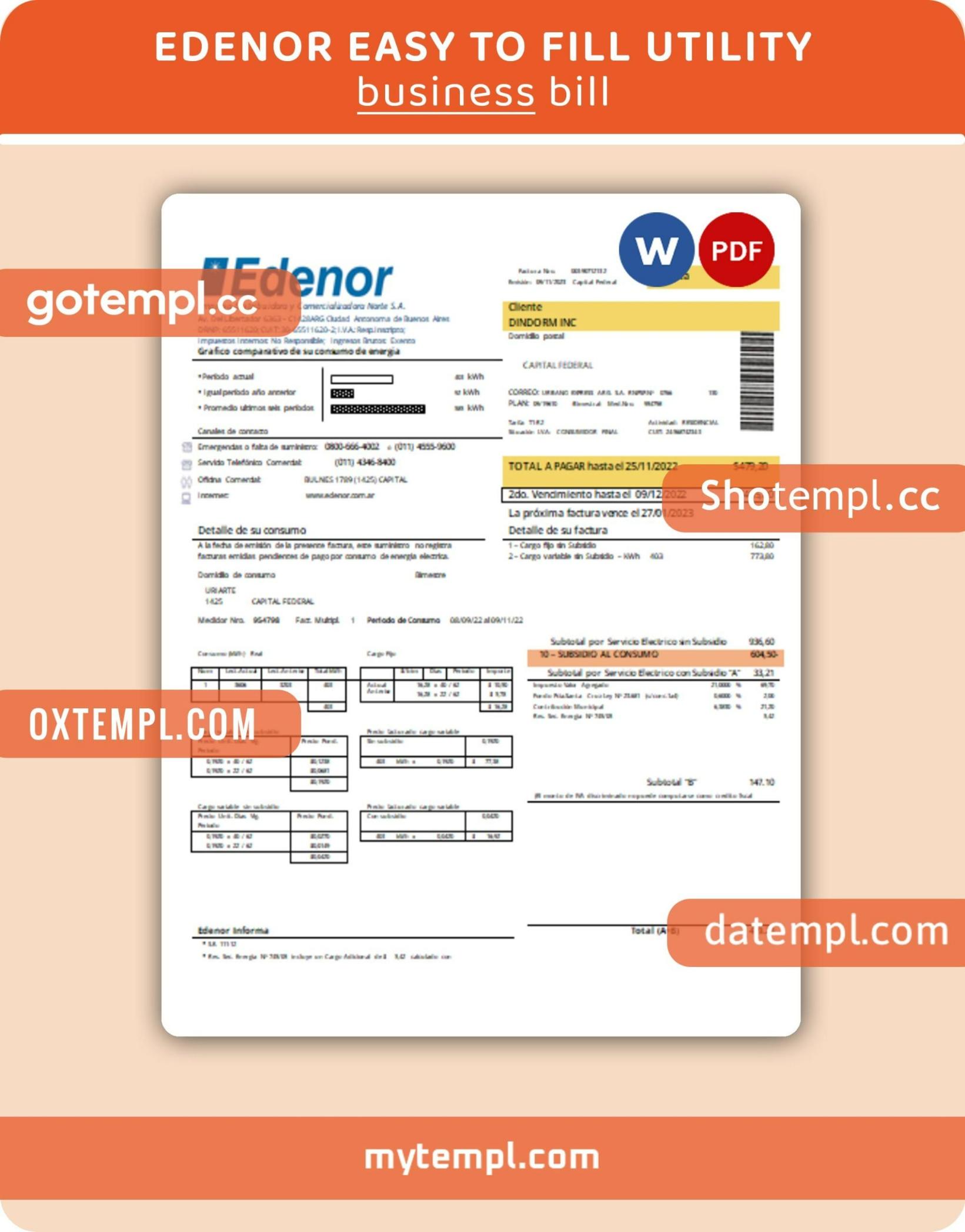 Edenor easy to fill utility business bill, Word and PDF template