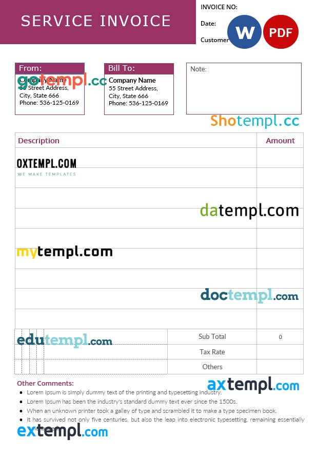 Editable Service Invoice template in word and pdf format