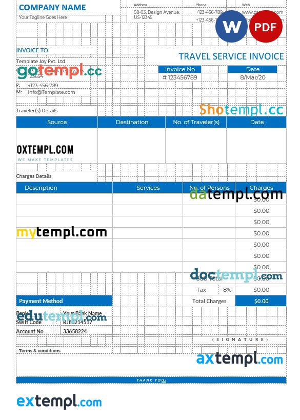 Editable Travel Service Invoice template in word and pdf format