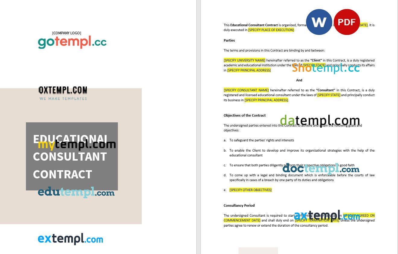 free educational consultant contract template, Word and PDF format