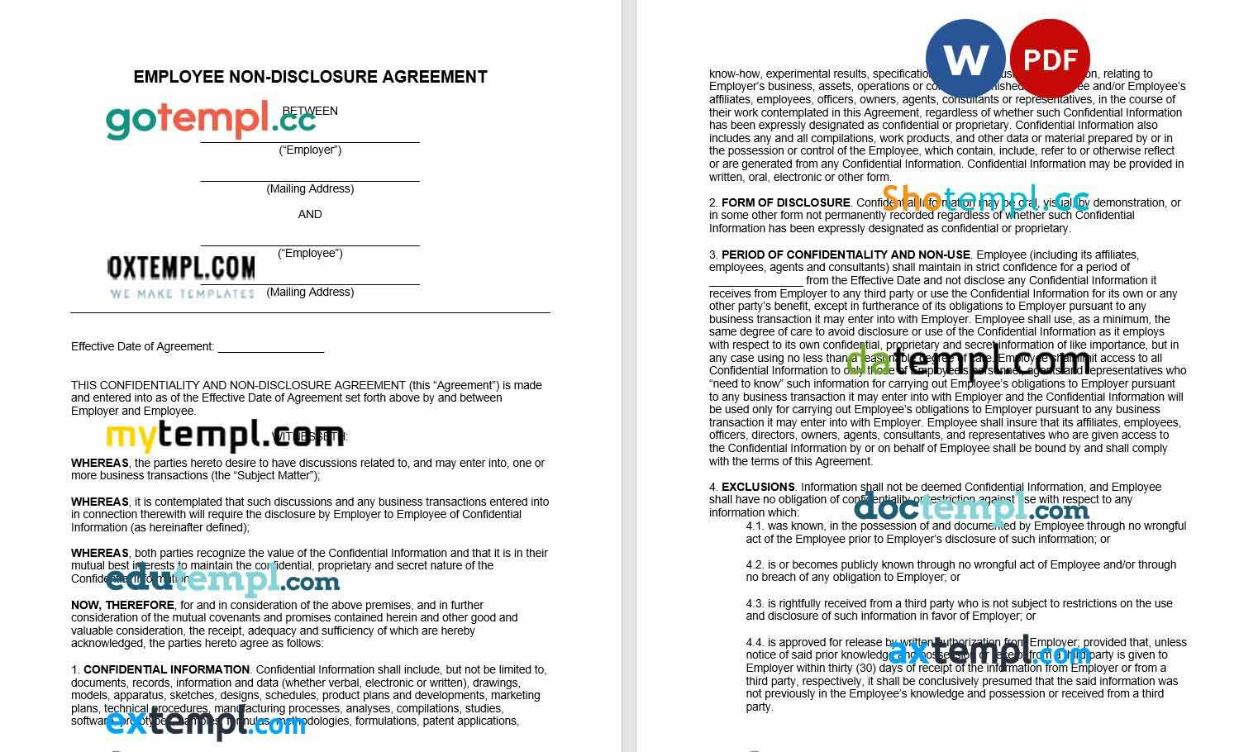 free employee non-disclosure agreement NDA template, Word and PDF format