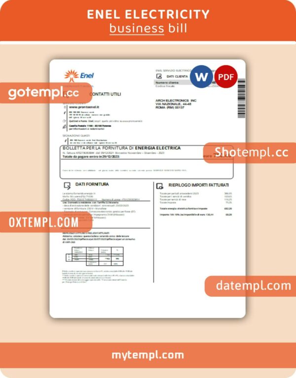 Enel electricity utility business bill, Word and PDF template