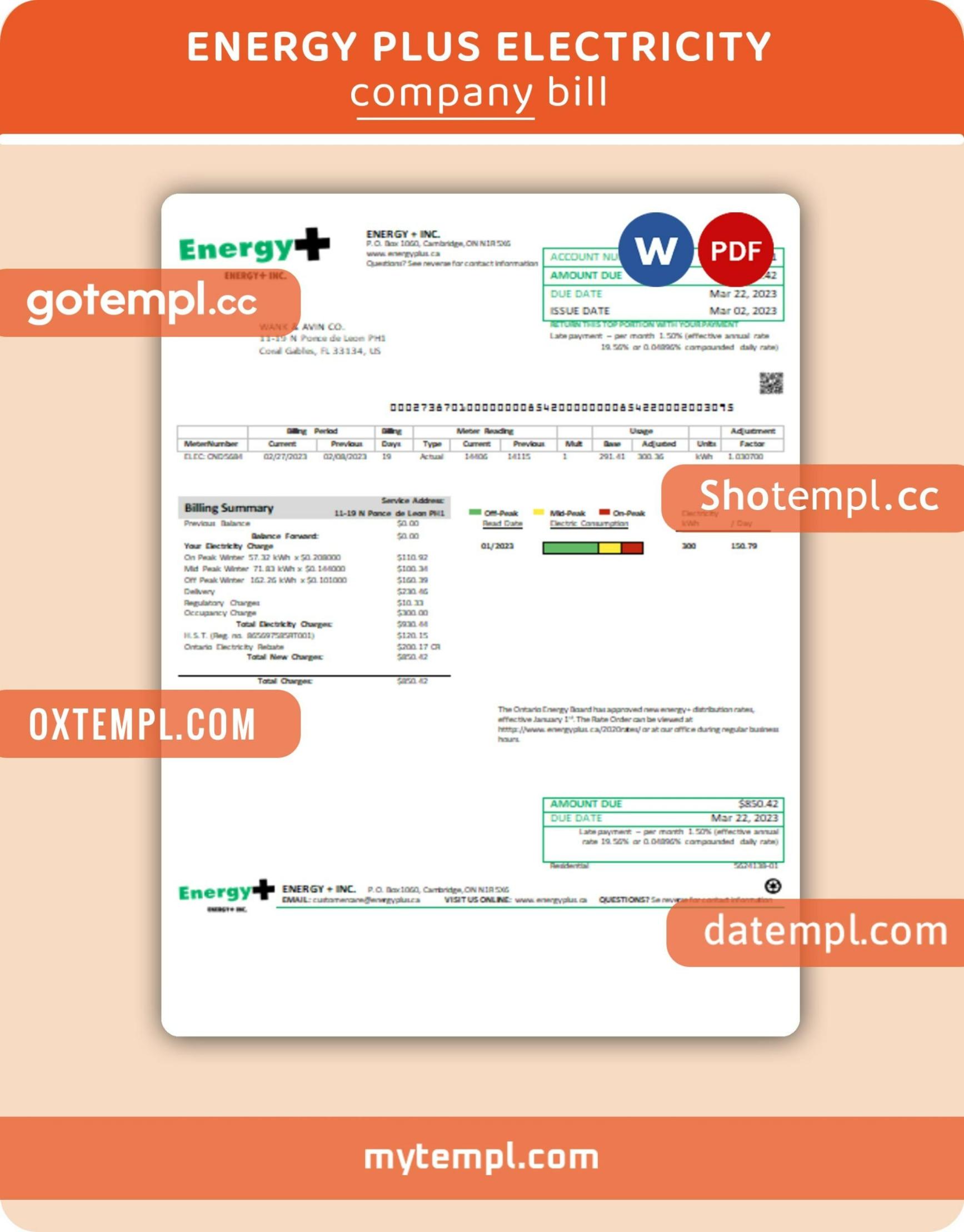 Energy Plus electricity business utility bill, PDF and WORD template