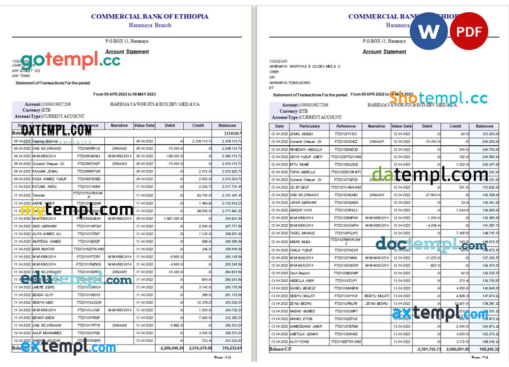 Ethophia Commercial Bank of Ethopia bank statement Word and PDF ...