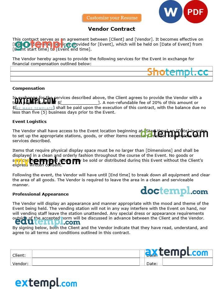 free event vendor contract template, Word and PDF format