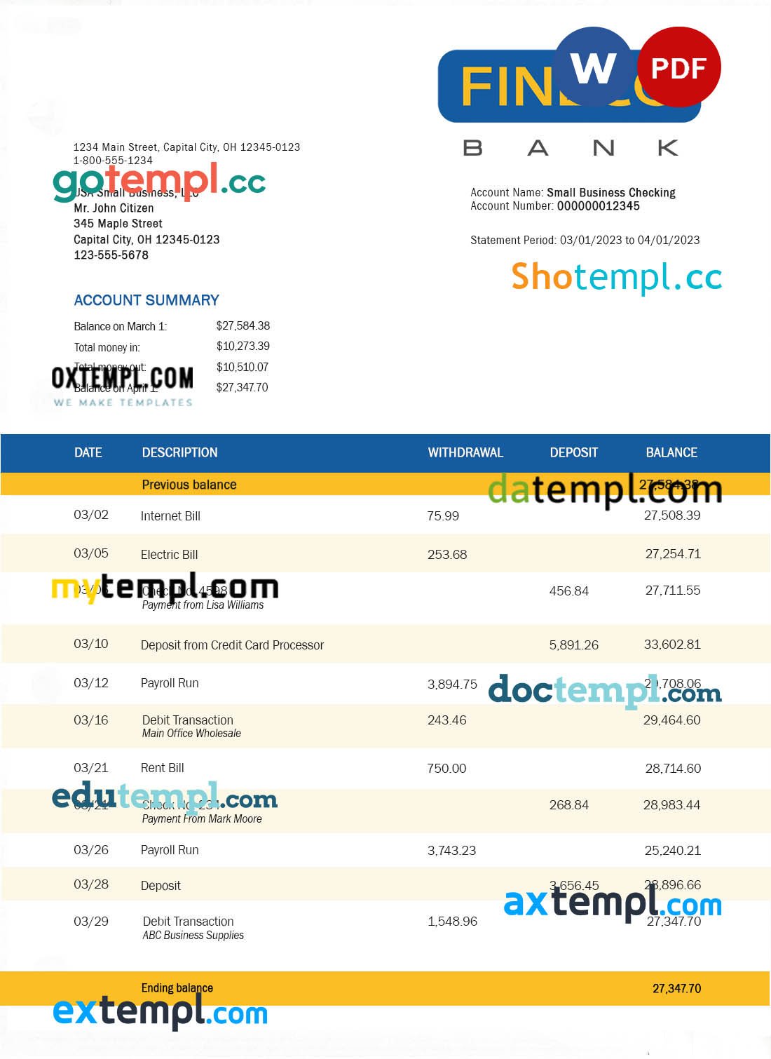 Finecobank company account statement Word and PDF template