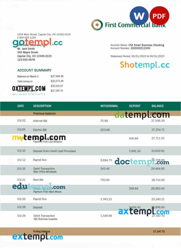 First Commercial bank company statement Word and PDF template – gotempl.cc
