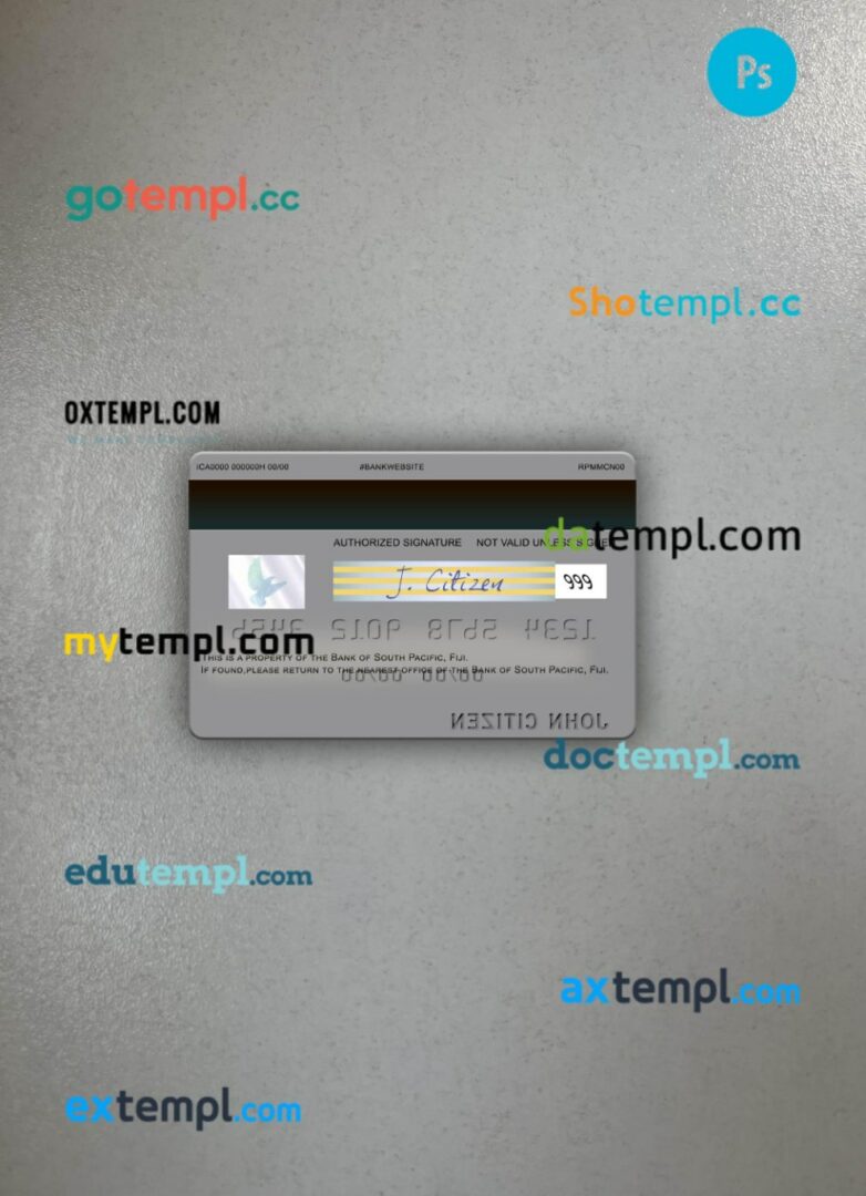 Fiji Bank of South Pacific visa debit card PSD scan and photo-realistic ...