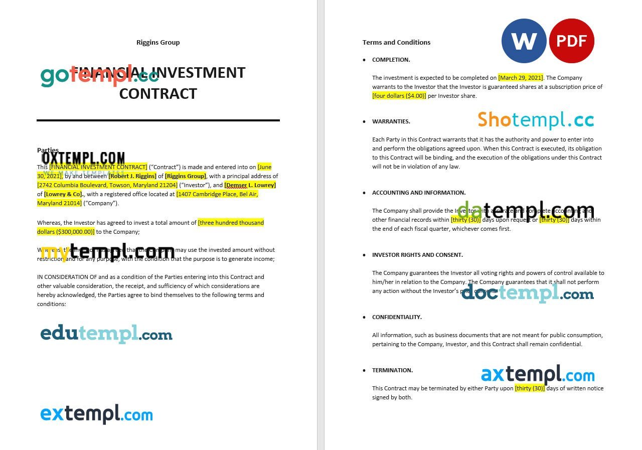 free financial investment contract template, Word and PDF format