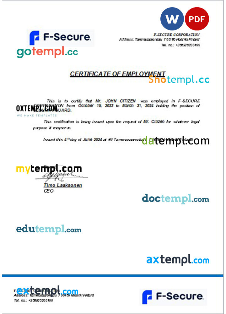 Finland F-Secure Corporation certificate of employment Word and PDF ...