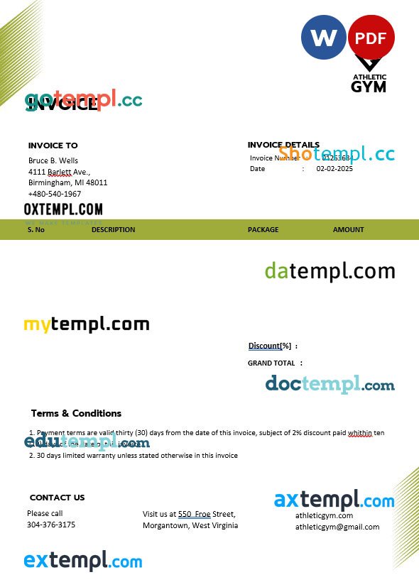Fitness Trainer Coach Invoice template in word and pdf format