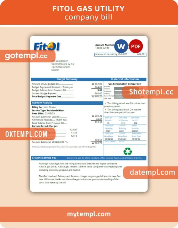 Fitol gas business utility bill, Word and PDF template