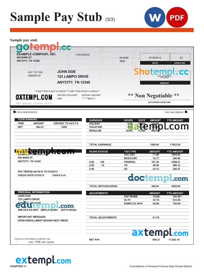 Foundations in Personal Finance High School pay stub Word and PDF template