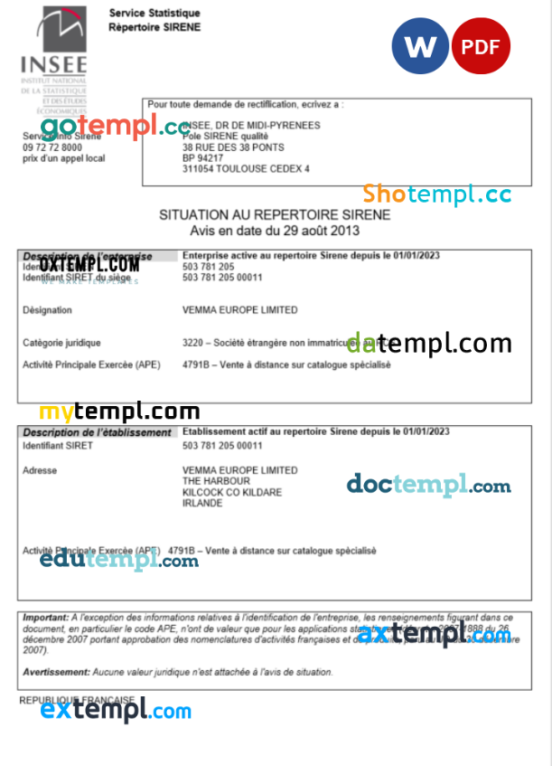 France INSEE registration certificate Word and PDF template