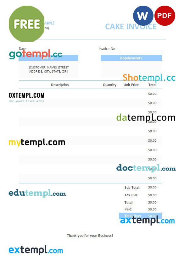 Free Cake Invoice template in word and pdf format