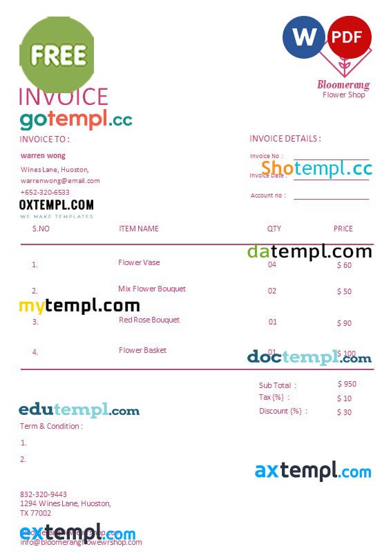 Free Florist Invoice template in word and pdf format