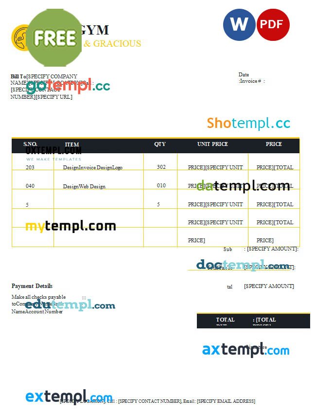 Free Gym Invoice template in word and pdf format