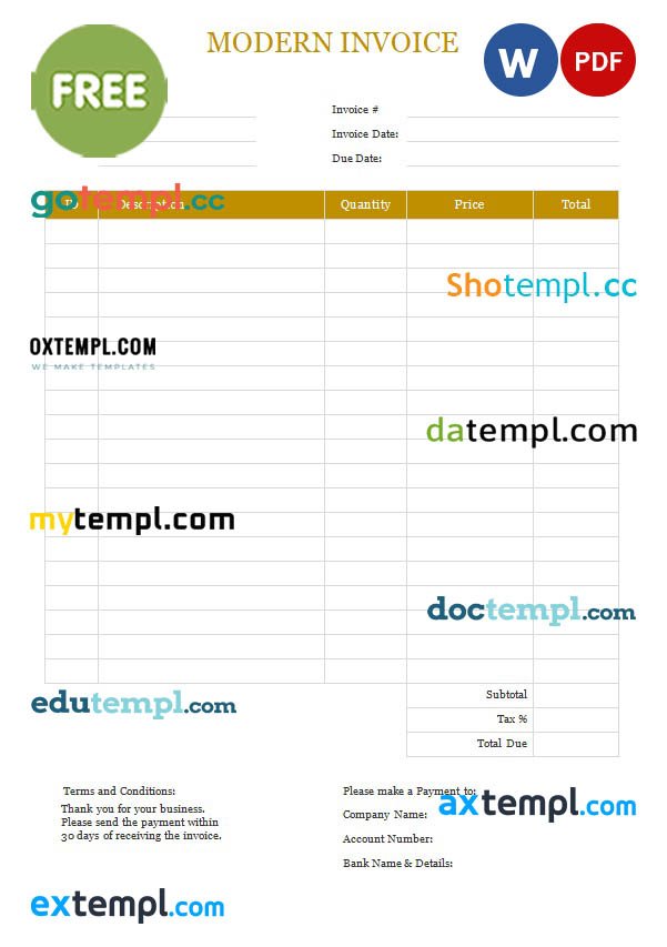 Free Modern Invoice template in word and pdf format