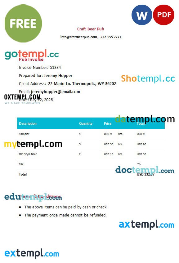 Free Pub Invoice template in word and pdf format