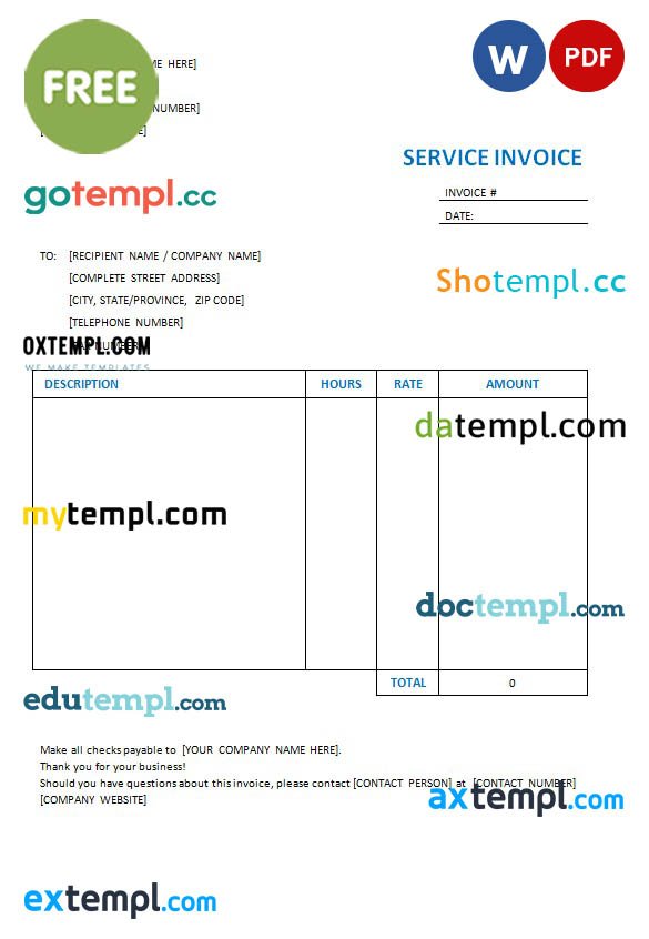 Free Service Invoice template in word and pdf format