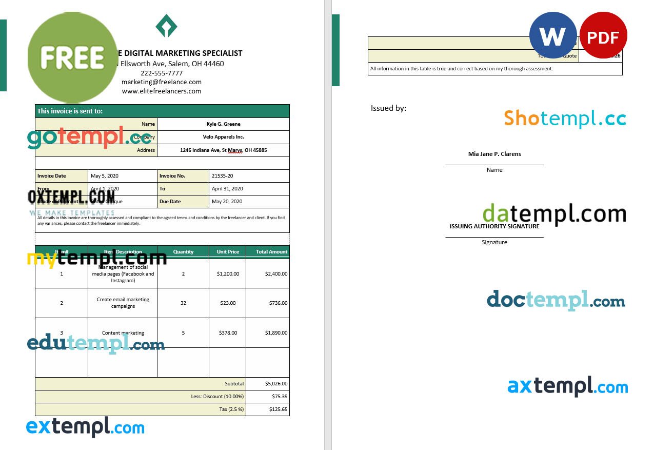 Freelance Service Invoice template in word and pdf format
