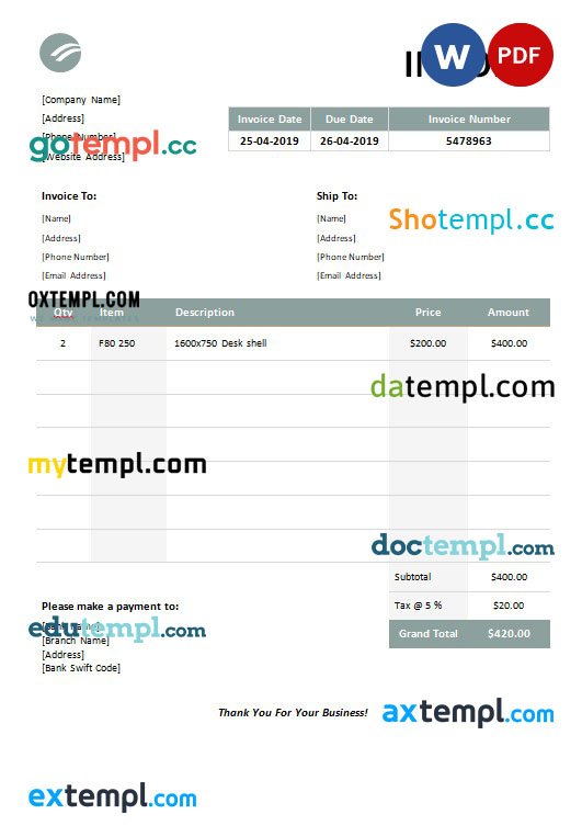 Furniture Invoice template in word and pdf format