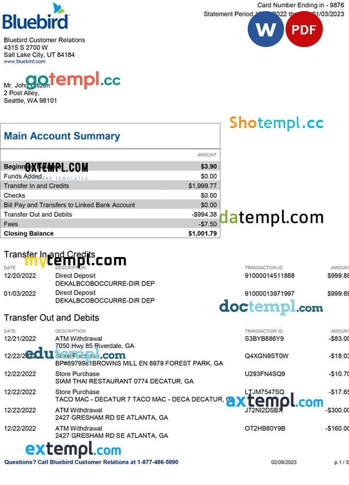 USA Bluebird bank statement Word and PDF template, 3 pages